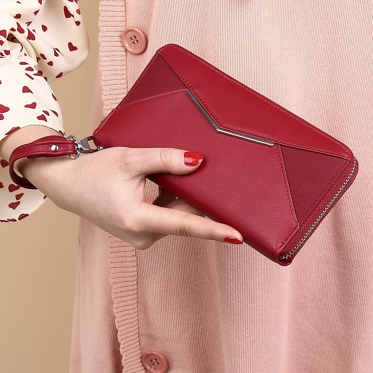 KOWENTIK Women Wallet Leather Zip Phone Clutch Large Travel Organizer Zipper Coin Purse Wristlet (Wallet tye1-Red)