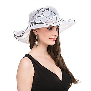 Lucky Leaf Women Church Cap Wide Brim Summer Sun Hat for Party Wedding(White with Black Edge)