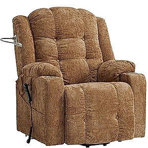 Creatuis Large Lift Recliner Chair for Elderly with Massage and Heat Lay Flat Electric Power Lift Chair LED Reading Light USB Port Cup Holders Side Pocket Plush Chenille (Light Brown)