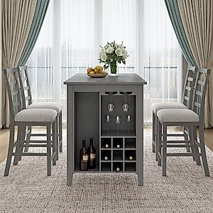 BIADNBZ 5-Piece Counter Height Dining Table Set for 4, Multi-Functional Rubber Wood Kitchen Furniture with Padded Chairs, Integrated 9 Bar Wine Compartment&Wineglass Holders, Gray
