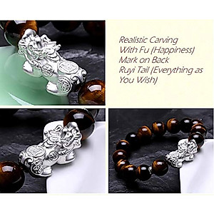 LOTONTJ Pixiu Bracelet Natural Tiger Eye Stone Tibetan Pure Silver Pi Yao Feng Shui Wealth Bracelet Healing Chakra Gemstone Evil Eyes Jewelry Crystal Amulet Attract Money Good Luck Windfall,12mm