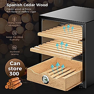 300 Count Electric Cooler, Spanish Cedar Wood Shelf Built in Humidity Control System Cooling Function Black (50L)