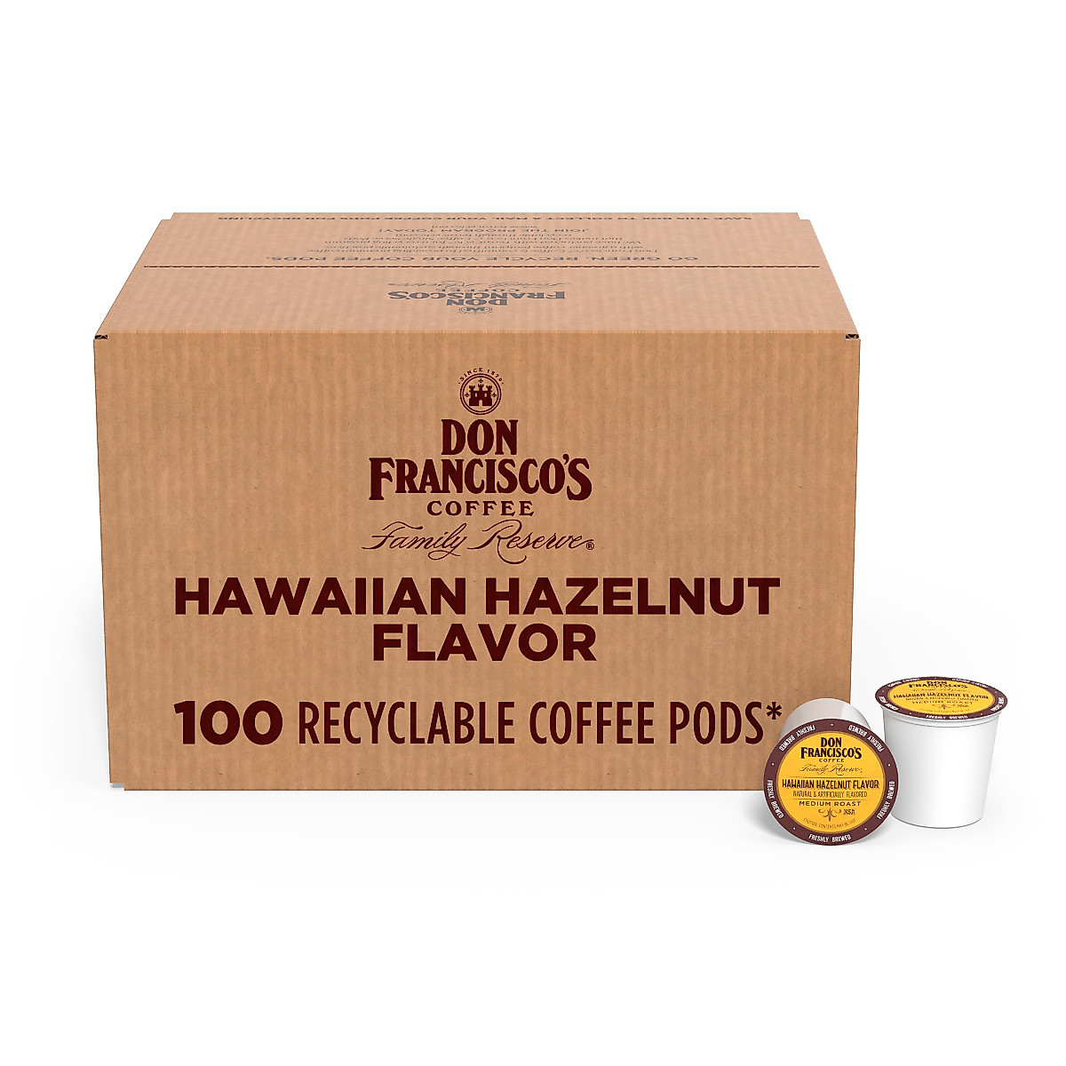 Don Francisco's Hawaiian Hazelnut Medium Roast Coffee - 100 K-Cup Compatible Single-Serve Pods, 100% Arabica, Recyclable through TerraCycle, Rich Nutty Flavor with Coconut Hints