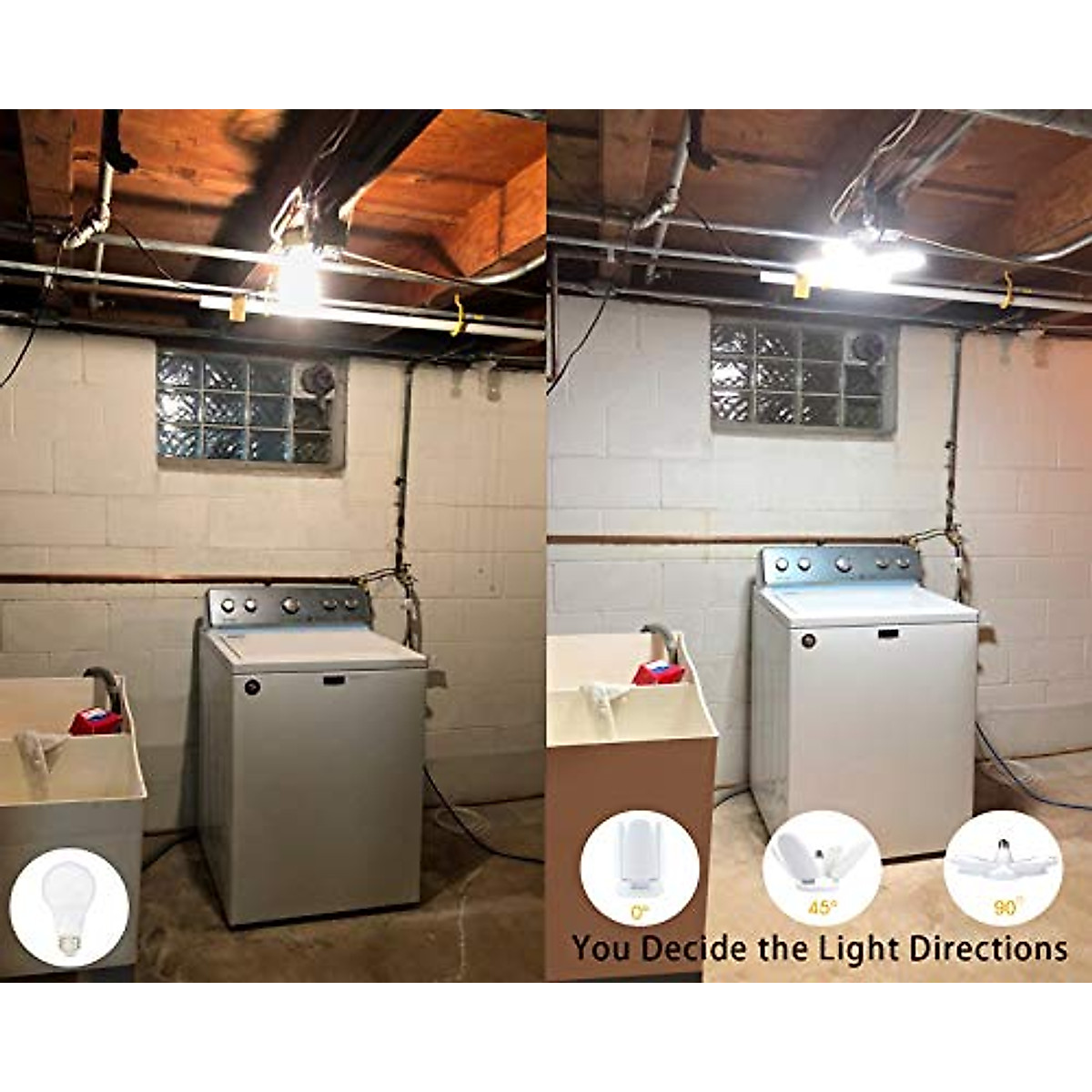 Yiliaw LED Garage Light, 2 Pack 60W LED Shop Lights with 4 Adjustable Panels, Screw in Garage Light Bulbs 6500K 6000LM Daylight Deformable Lighting Fixture for Basement Warehouse Workshop