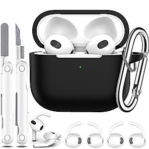 R-fun AirPods 3rd Generation Case Cover with Cleaner kit and Earbuds Hook Cover (2Pairs),Soft Silicone Protective Case for Apple AirPods 3 2021- Black