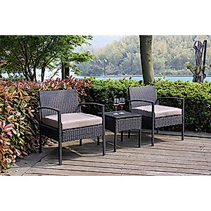 3 Piece Patio Conversation Furniture Set, Porch Furniture Rattan Bistro Sets, Patio Set Wicker Outdoor Chairs and Table Set with Coffee Table and Cushions for Yard Poolside Backyard, Brown