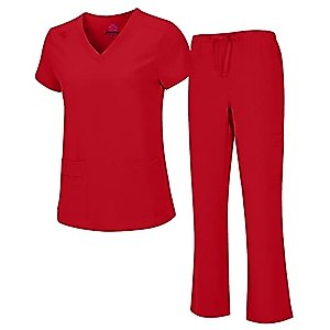 M&M SCRUBS Women's Breathable Cool Stretch Fabric Scrub Top and cargo Pant Set (Red, Large)