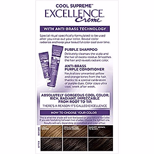 L'Oreal Paris Excellence Cool Supreme Permanent Hair Color, Ash, 100 Percent Gray Coverage Hair Dye, Anti-Brass regimen includes gentle shampoo, and an anti-brass conditioner