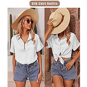 Ekouaer Women's Silk Pajamas Set Short Sleeve Button-Down Sleepwear Tops and Shorts 2 Piece Pjs White Large