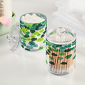 Turquoise Palm Leaves Qtip Dispenser Apothecary Jars Tropical Jungle Bathroom Qtip Holder Storage Canister Plastic Jar 10 Oz for Cotton Ball Swab Round Pads Floss 2pcs