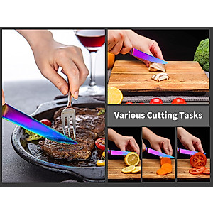 Rainbow Serrated Steak Knife 4 Piece Set, German High Carton Stainless Steel Blade for Home Restaurant