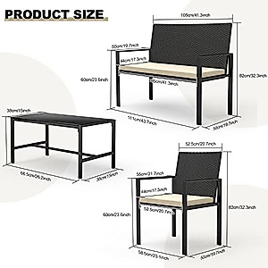 Bigzzia Patio Furniture Set, 4 Pcs Outdoor Conversation Furniture, Includes 2 Rattan Chairs and 1 Loveseat, 1 Tempered Glass Table, with Extra Cushions, Garden Furniture Set for Small Spaces