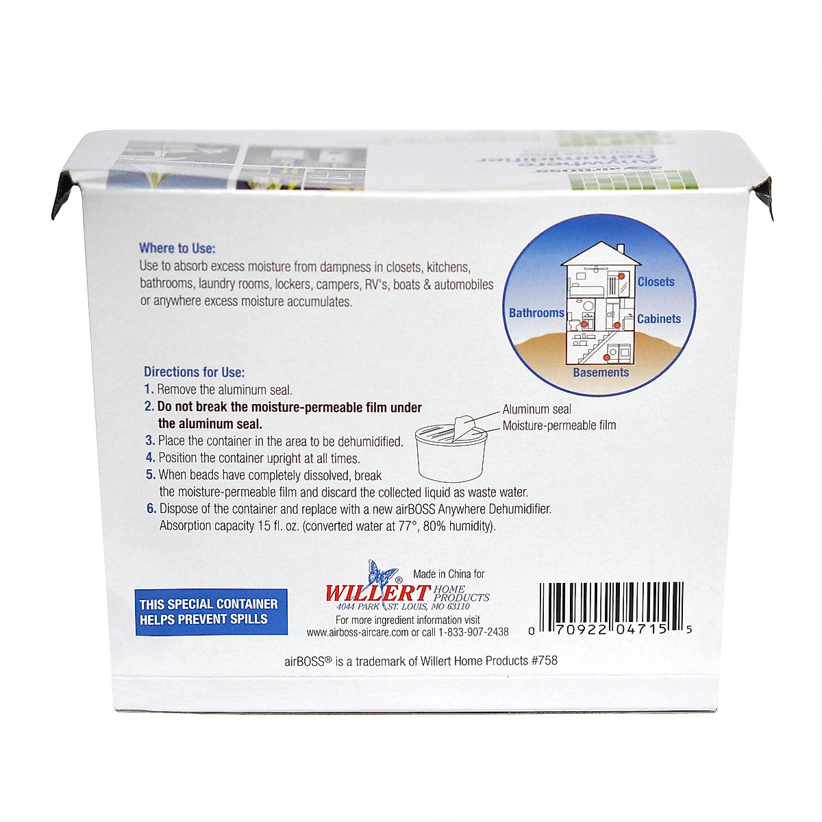 airBOSS Anywhere Dehumidifier, Fights Mildew and Odors, Fragrance Free, No Spills, 10.6 oz, Pack of 6