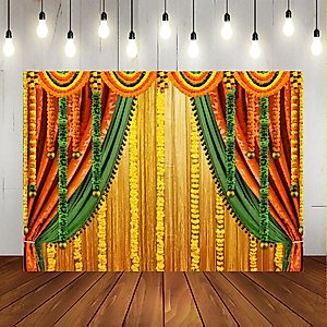 Lofaris India Pooja Backdrop Puja Ganpati Photography Traditional Banana Leaf Green Chatiya Ganesh Mehndi Festival Background Decorations Wedding Party Marigold Garlands Photo Props 7x5ft
