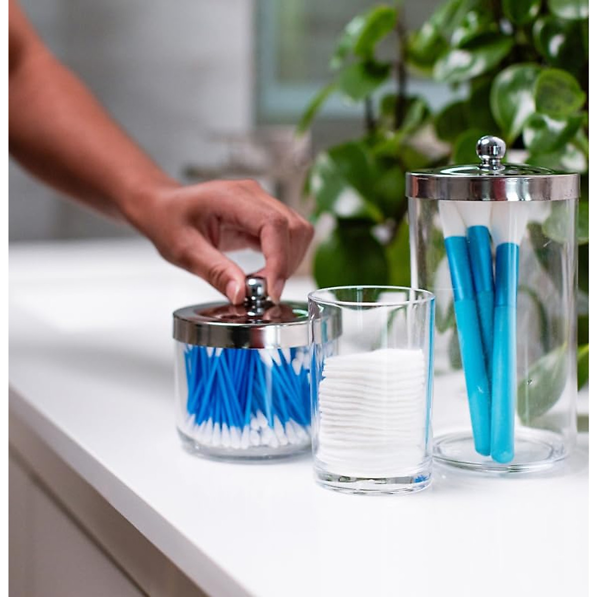 Huang Acrylic Chrome Lid Clear Cosmetic Container | Store Q-Tips, Cottonballs, Cotton Rounds | Perfect Counter Top or Shelf Storage | Large