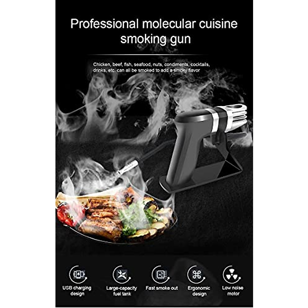 KENKUO Food Smoking Gun, Portable Handheld Indoor-Outdoor Smoke Infuser Cold Smoke Generator Tool for Meat, Drinks, BBQ, Cheese, (Black), 125x55x125mm, G01K