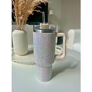 cuteolivia 40 Oz Tumbler With Handle Studded Tumbler With Lid and Straw Insulated Stainless Steel Double Wall Water Cup Travel Mug Water Bottle Tumblr For Women (40 oz 1200 ml, White)