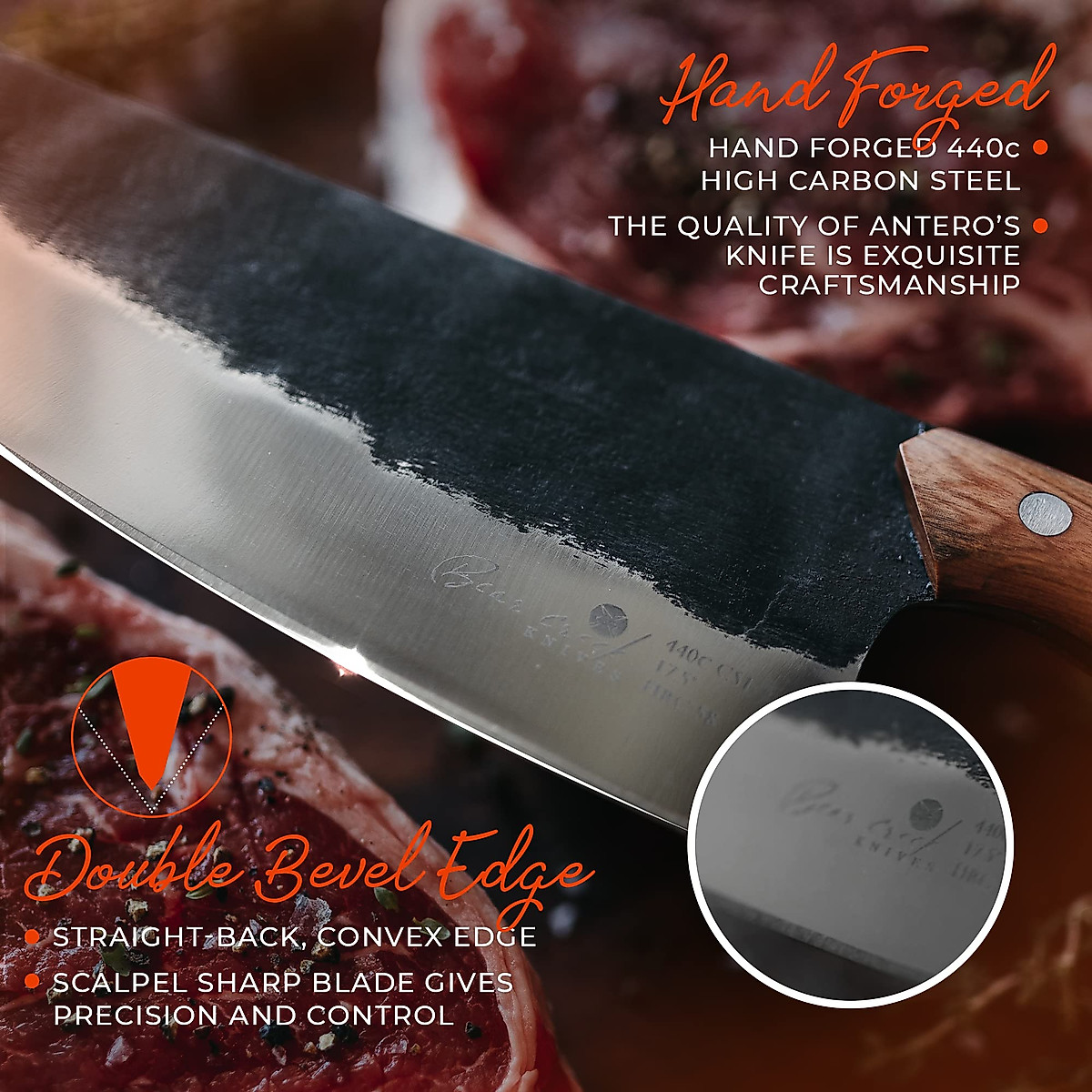 Bear Creek Knives | Antero 8" Kiritsuke Chef Knife | UltraFine 3-Step-Honed Blade | 440c Stainless Steel | Double-Beveled Cutting Edge | Rosewood Handle