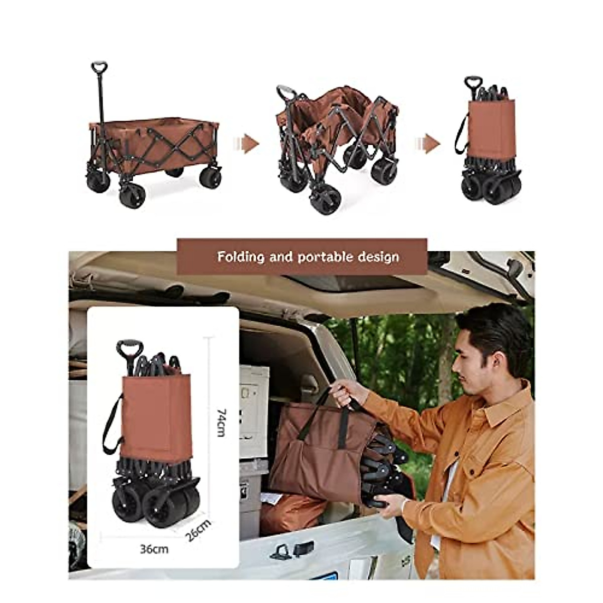 Folding Camping Cart Outdoor Push Wagon Trolley Trailer Transport Free Standing Collapsible Utility Grocery Rolling Buggies Garden Sport Wagons (Color