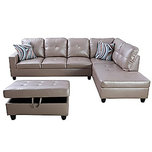 NOTOP 3-Piece Faux Leather L-Shaped Sectional Sofas, Button Tufted Upholstered Couch Set with Right Chaise Longue and Storage Ottoman, for Living Room, Home, Office, Latte