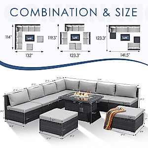 NICESOUL 10 Piece Modern Outdoor Patio Furniture Set with Firepit Natural Gas Propane Convertible, 29.3'' High Back Extra Large Size Wicker Conversation, Deep Wide Comfortable Couch for Outside, Grey