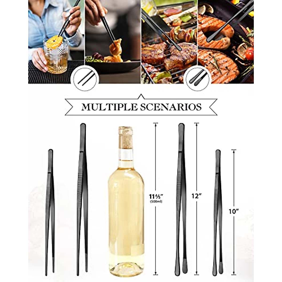 2 Pcs 12-inch Cooking Tweezers Tongs Precision Serrated Tips, Stainless Steel Professional Chef Tweezer Kitchen Tools for BBQ, Plating and Serving (Black)