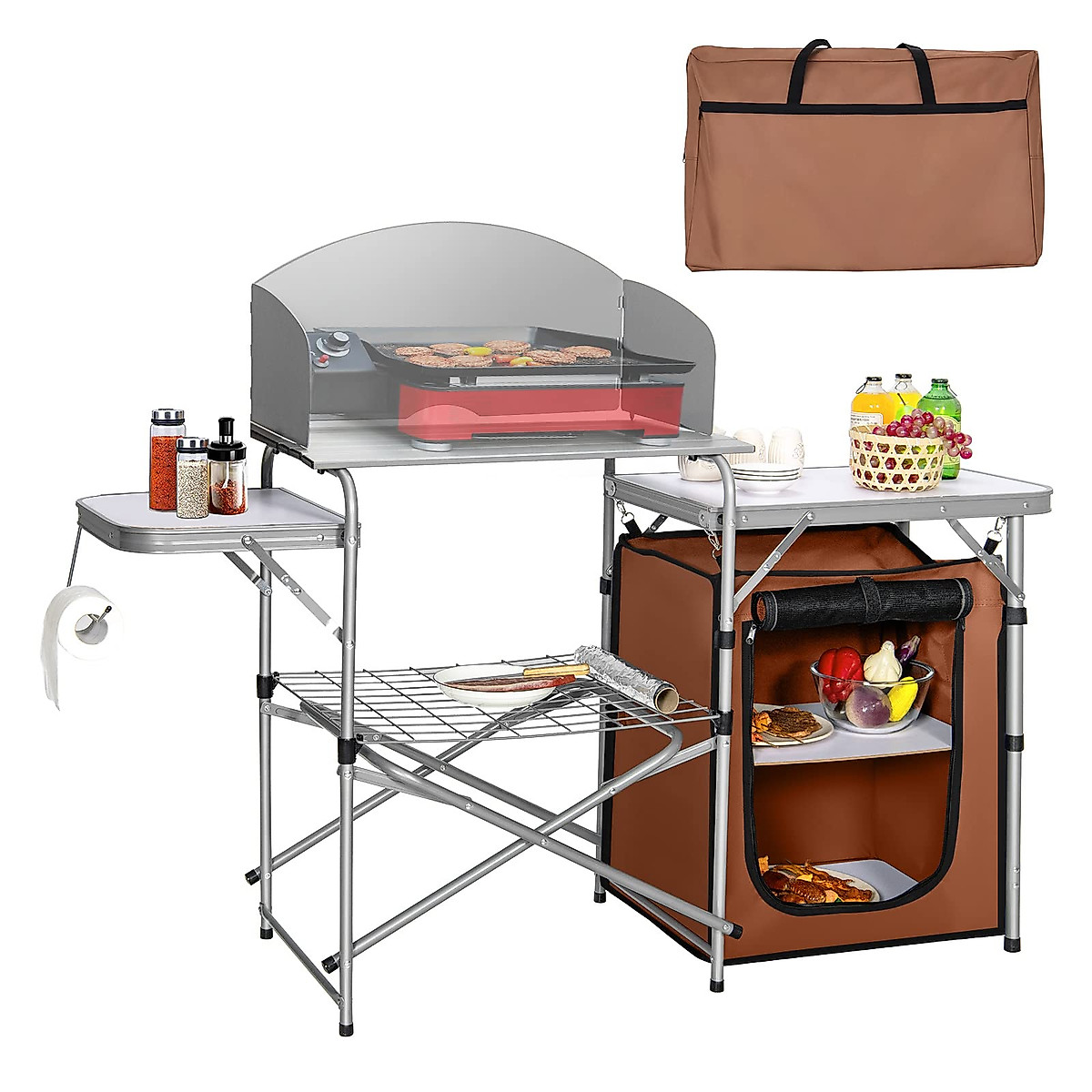 GYMAX Aluminum Portable Camping Kitchen, Folding Cooking Table with 26" Tabletop, Detachable Windscreen & Carrying Bag, Outdoor Grill Table for BBQ, Backyards