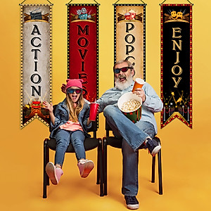Blulu 4 Pcs Movie Night Porch Sign Now Showing Banner Movie Theme Paty Decoration Movie Vintage Theater Popcorn Enjoy Action Movies Hanging Porch Sign for Home Film Backdrop Party Supply
