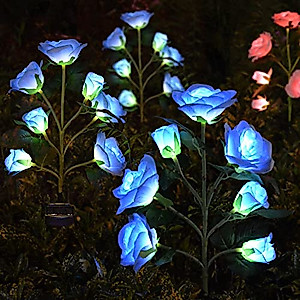 Chasgo Blue Rose Flower Lights Solar Garden Stake Lights with 7 LED Rose Lights Outdoor Waterproof Solar Decorative Lights for Garden Yard Lawn Memorial Cemetery Decoration