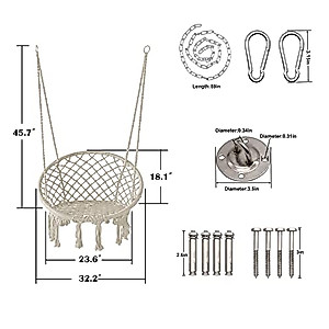 LAZZO Hammock Chair with Hanging Kit and Chain, Cotton Rope Macrame Swing, 260Pounds Capacity, 20" Width, for Indoor, Garden, Patio, Yard (Beige)