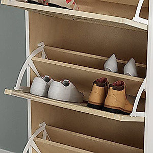 AIEGLE Entryway Shoe Storage Cabinet, Tall Shoe Storage Organizer with 4 Flip Drawers, Hallway Wood Freestanding Shoe Rack, Natural (21.7" L x 9.8" D x 61" H)