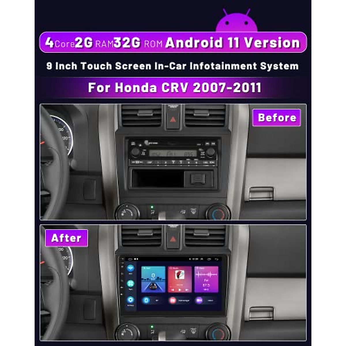 2G RAM 32G ROM for Honda CRV 2007-2011 Radio Android 11 Car Stereo with Wireless Apple Carplay Android Auto, Hikity 9 Inch Touch Screen with Bluetooth Backup Camera/WiFi/SWC/GPS Navigaion/HiFi