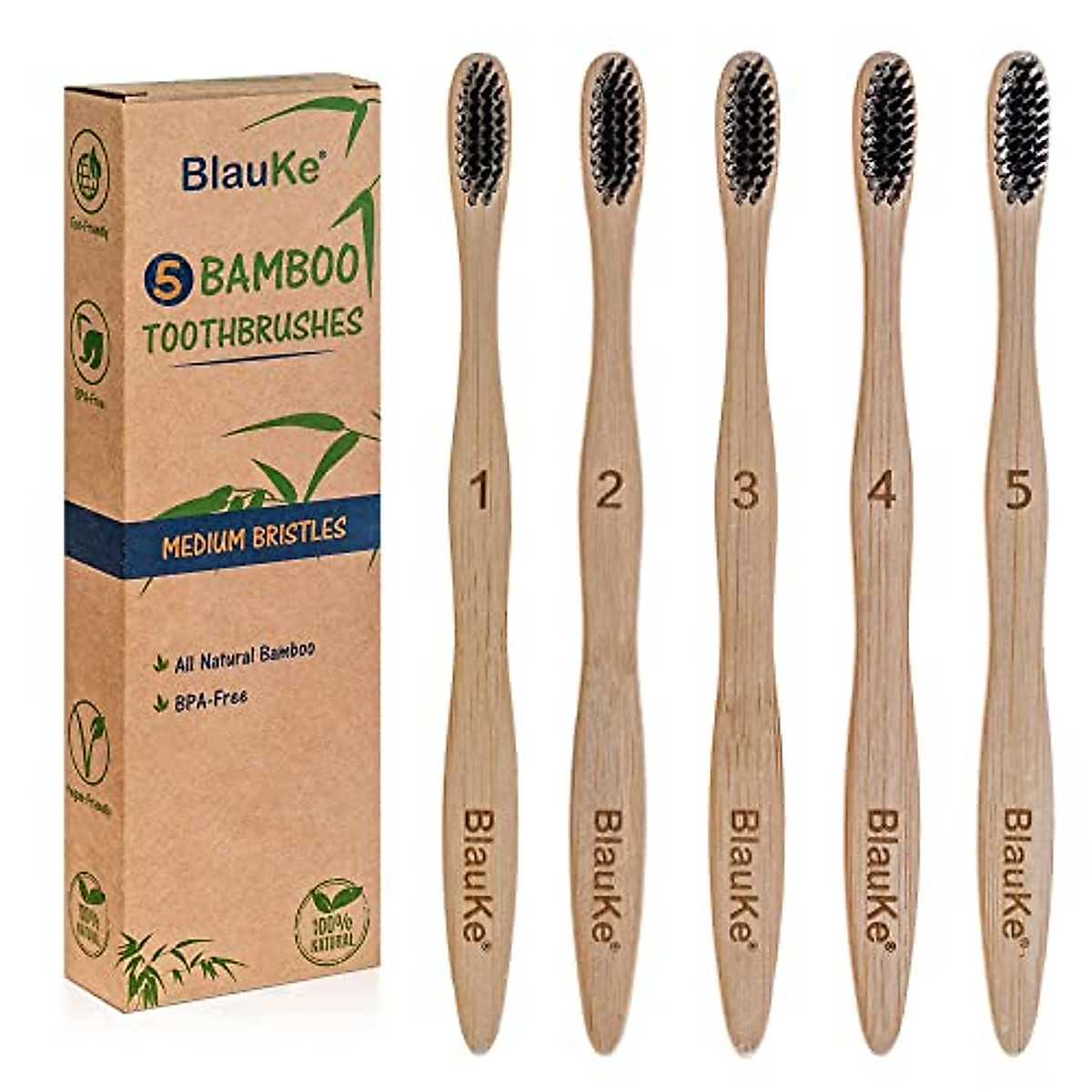 BlauKe Bamboo Toothbrushes Medium Bristles 5-Pack – Biodegradable, Sustainable, Natural, Eco Friendly – Black Charcoal Wooden Toothbrush Set