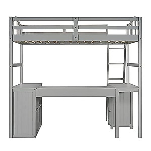MegaChunk Twin Size Loft Bed with Drawers, Cabinet, Shelves and Desk, Wooden Loft Bed with Desk - Gray