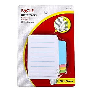 Eagle Sticky Index Tabs, File Tabs Page Markers for Documents, Lined Paper,25 Sheets/Pad, Pack of 4 Pads,Assorted Colors