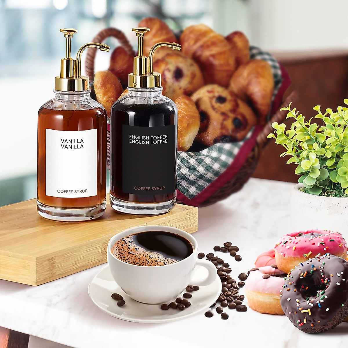 Set of 2 Coffee Syrup Dispensers for Coffee Bar - 16.9oz Glass Bottles with Gold Pumps and Labels, BPA Free & Durable, Ideal for Cinnamon, Vanilla, Caramel, and More Coffee Accessories