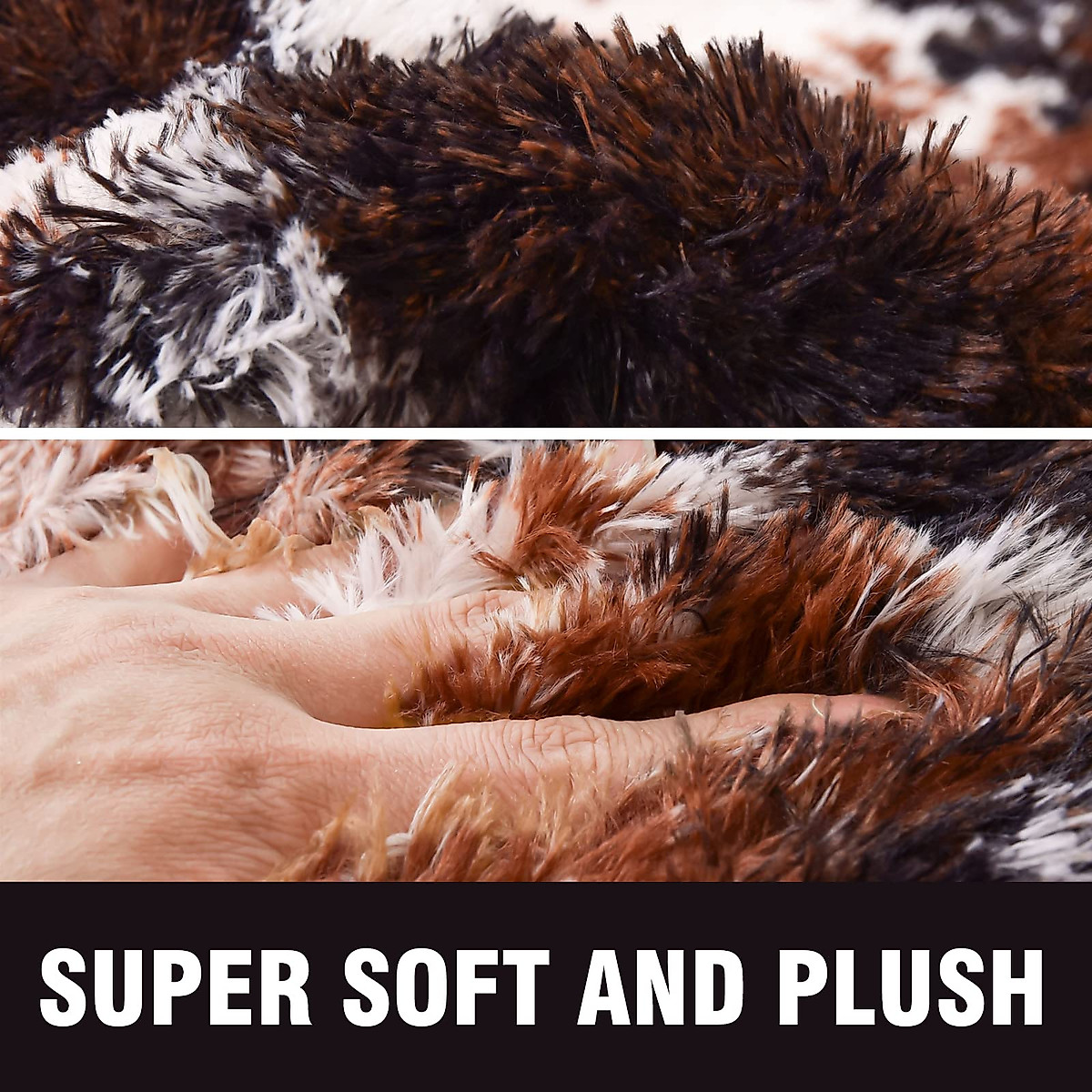 Meeting Story Cow Print Rug Faux Cowhide Rugs Cute Animal Print Carpet Fluffy Shaggy Tie Dye Fuzzy Area Rugs for Living Room Nursery Kids Floor Mat Thick Plush Non-Skid (Coffee-Black, 3 * 5 Feet)