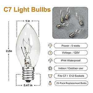 CHYSUPER 25 Pack C7 Clear Replacement Bulbs, 120V 5W Incandescent, C7 Christmas Lights, E12 Candelabra Base C7 Halloween Bulbs Warm White for Patio Outdoor String Lights Decor, Night Light