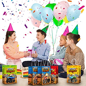 Pajean 28 Pcs Monsters Truck Party Favor Bags Themed Paper Gift Bags Racing Trucks Goody Treat Candy Bags for Monsters Truck Themed Birthday Party Supplies(16 Pcs, Simple)