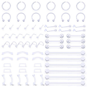 SCERRING 66PCS Clear Piercing Retainer Septum Nose Studs Flexible Lip Ear Nose Hoop Tongue Rings Nipple Ring Cartilage Rook Daith Earrings Plastic Industrial Piercing Jewelry Retainer