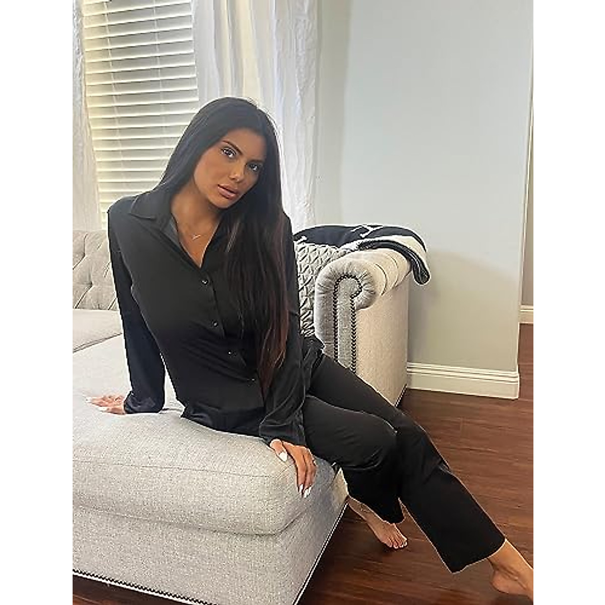 Ekouaer Black Silk Pajamas for Womens Satin Soft Sleepwear Long Sleeve Button loungewear Pj Set with Pockets Black Large