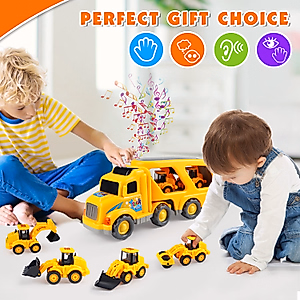 aotipol Construction Toy Trucks for 3-6 Year Old Boys & Girls, 5 in 1 Toy Cars with Light and Sound, Friction Power Play Vehicles, Gift Toys for Kids and Toddlers Ages 3-6