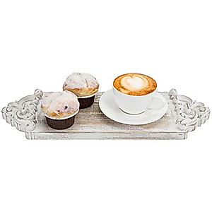MyGift White Wooden Tray, Vintage Whitewashed Distressed Solid Wood Coffee/Tea Small Serving Tray