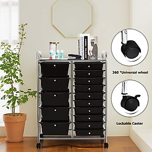 MEDIMALL 15 Drawers Rolling Storage Cart, Multipurpose Craft Storage Cart with Wheels, Mobile Tools Scrapbook Paper Organizer Cart for School Home Office Use (Black)