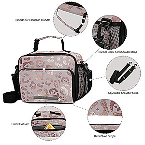 Rose Gold Leopard Print Lunch Box for Girls Cute Lunch Bags for Women Cooler Bag Reusable Lunch Tote Bag Insulated Shoulder Bag for Work School Picnic