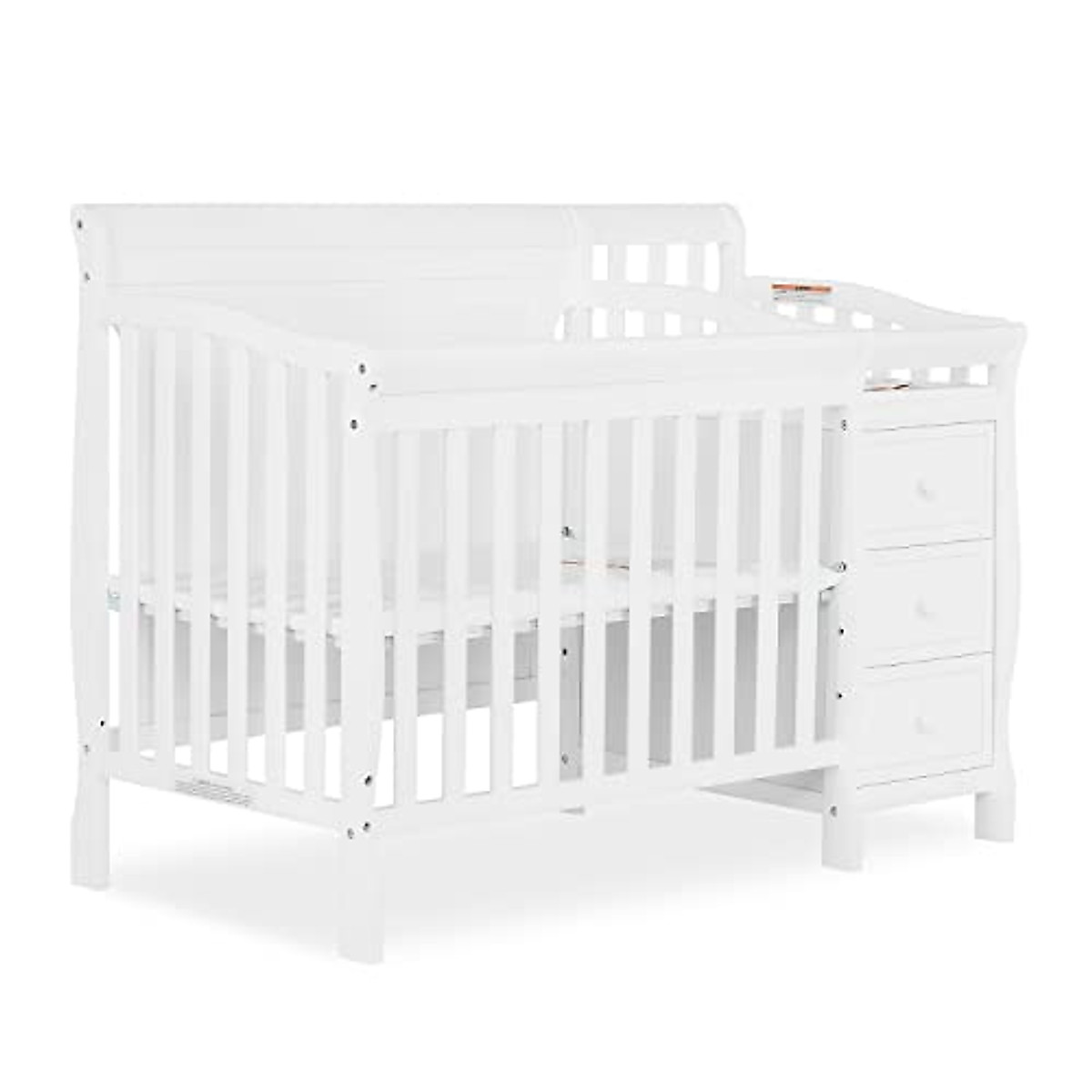 Dream On Me Jayden 4-in-1 Full Panel Mini Convertible Crib and Changer in White, Non-Toxic Finish, Made of Solid Pinewood, 3-Position Mattress Support System, Comes with 1'' Changing Pad