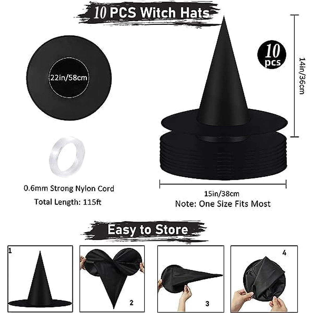 LANLV Halloween Costume Witch Hat Set - 10 Pieces Black Witches Hats with 100 Yards Hanging Rope for Party Yard Decoration