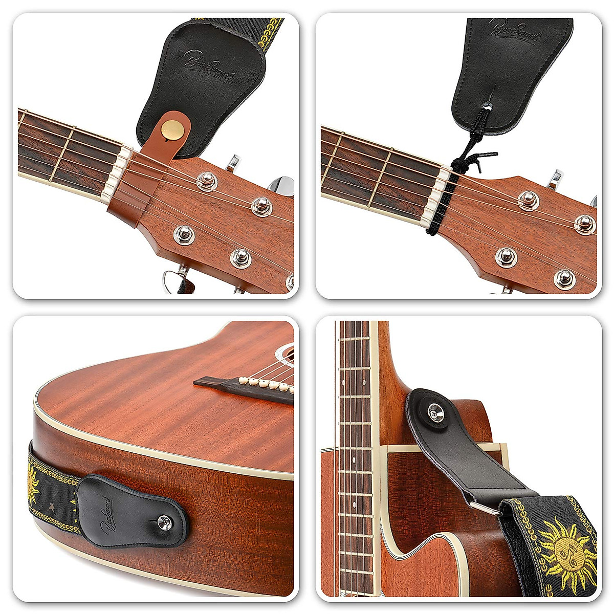 Guitar Strap, Vintage Embroidered Sun Straps with Genuine Leather Ends Guitar Shoulder Strap for Bass, Acoustic,Classical & Electric Guitar (Black)