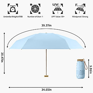 TIME LOVER Sun & Rain Travel Umbrellas with 99% UV Protection for Girls and Women,UPF 50+ Mini Capsule Umbrella Lightweight and Windproof Umbrella,Portable backpack storage,Cyan
