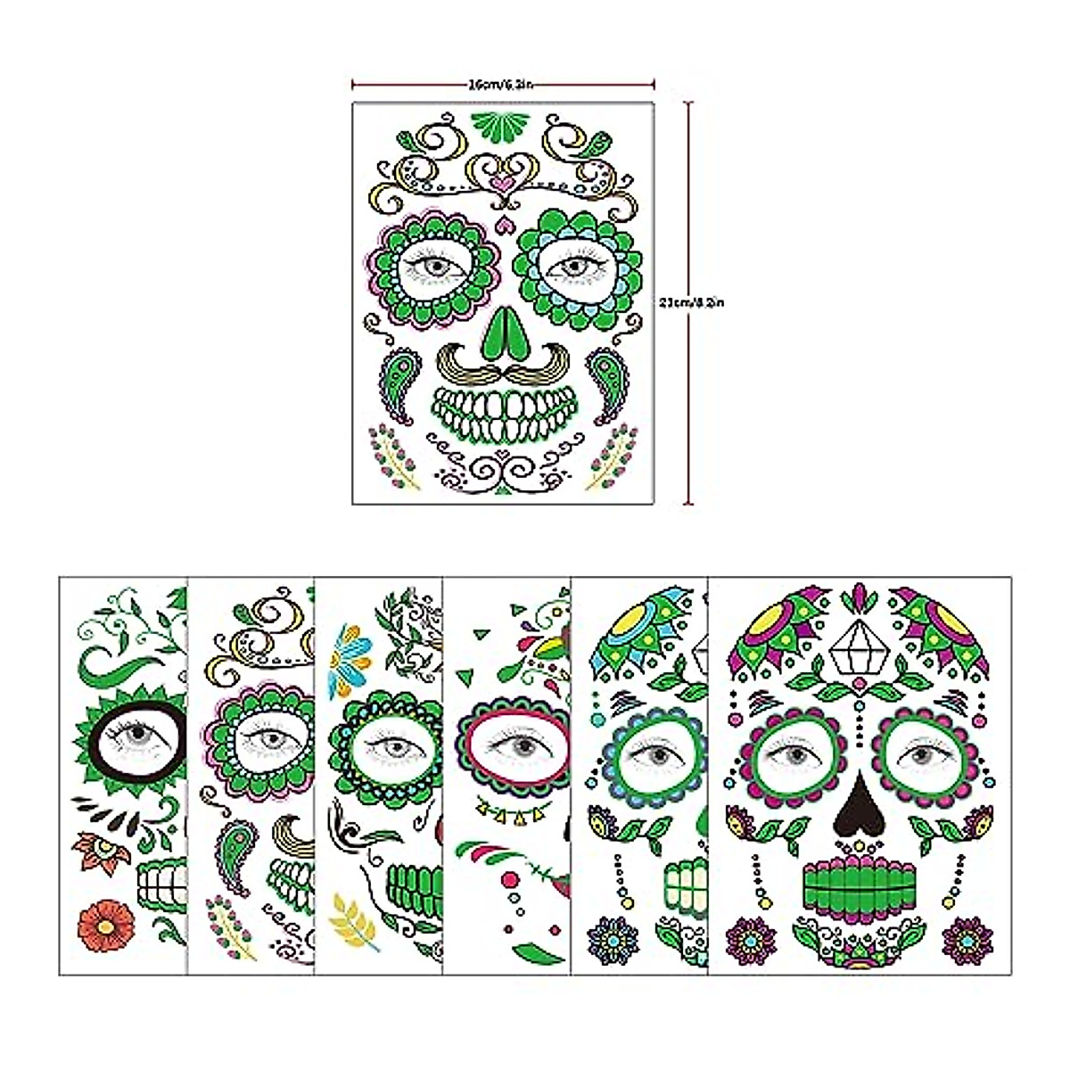 Temporary Face Tattoos, 6 sheets Day of the Dead Decorations Glow in The Dark,Sugar Skull Stickers Halloween Makeup for Men and Women (Face Tattoos)